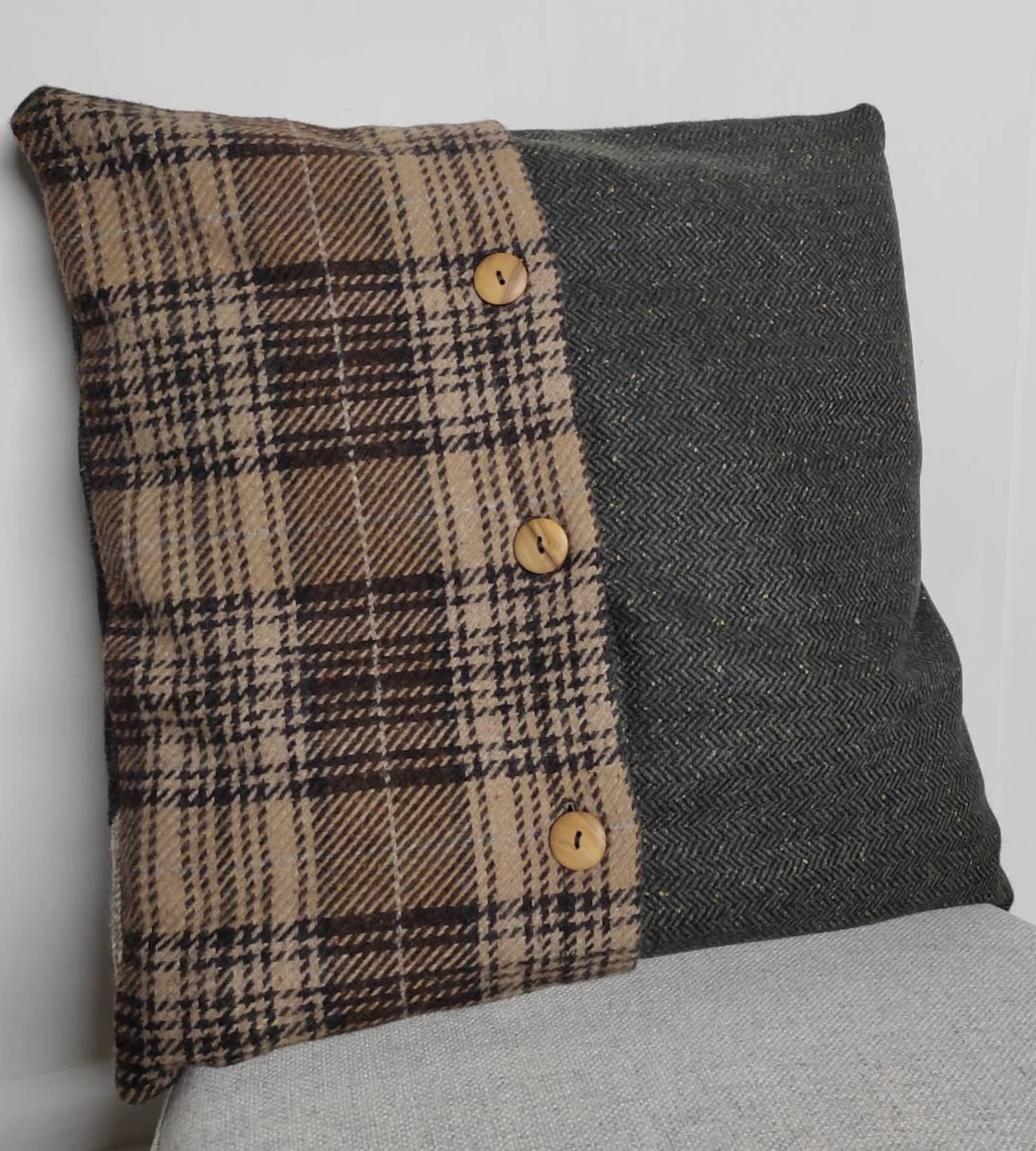 Pure Wool Tweed Tartan Patchwork Green Brown Cushion Cover - Etsy