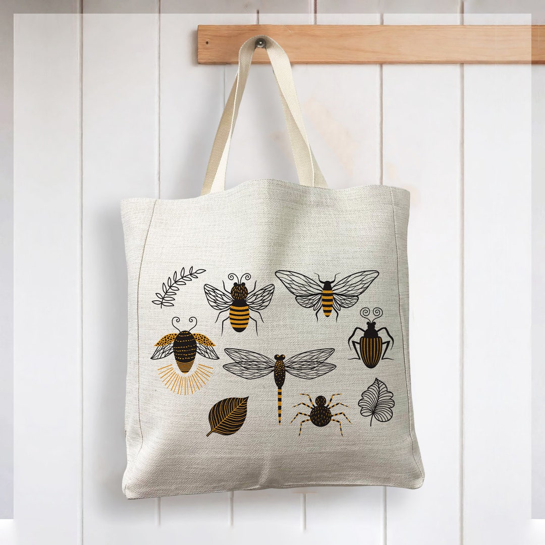 Insects Bee Dragonfly Spider Leaves Bugs Illustration Reusable Shopping ...