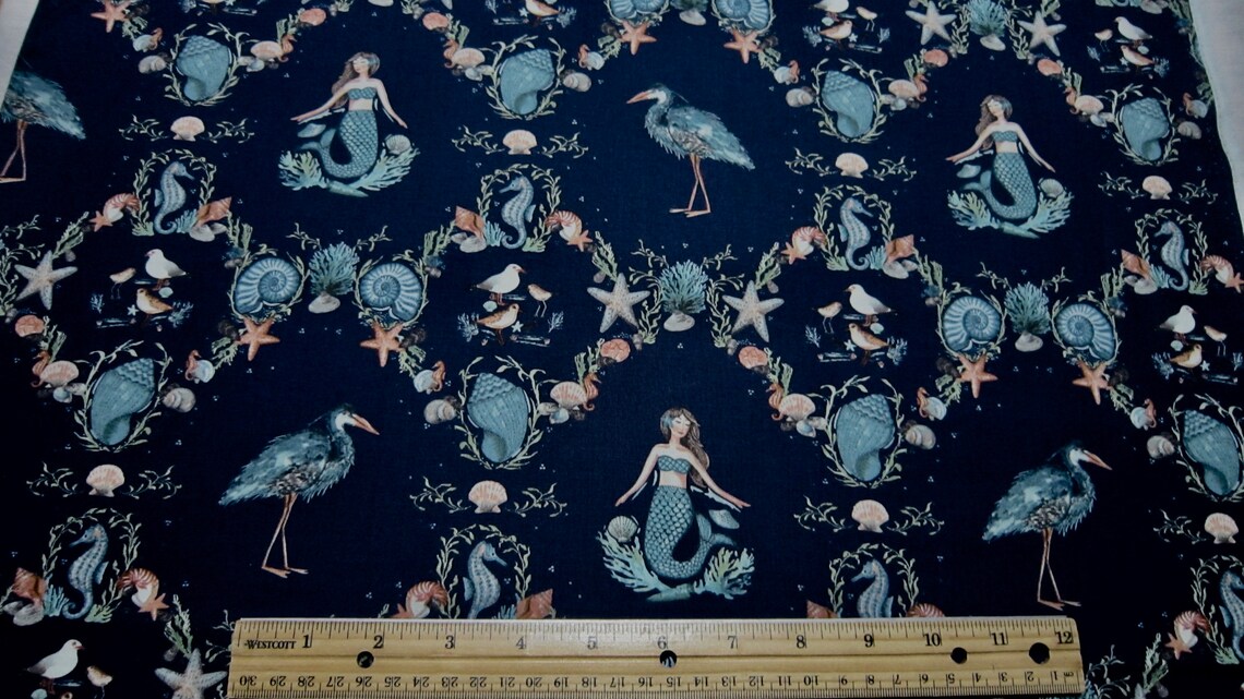 Navy Mermaid Cotton Fabric Called by the Seashore Designed by | Etsy
