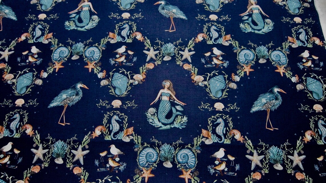 Navy Mermaid Cotton Fabric Called by the Seashore Designed by Ellen ...