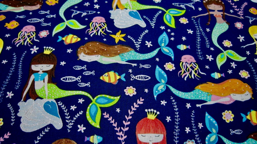 Navy Blue Mermaid Cotton Fabric Called Swimming Glitter Mermaids Made ...