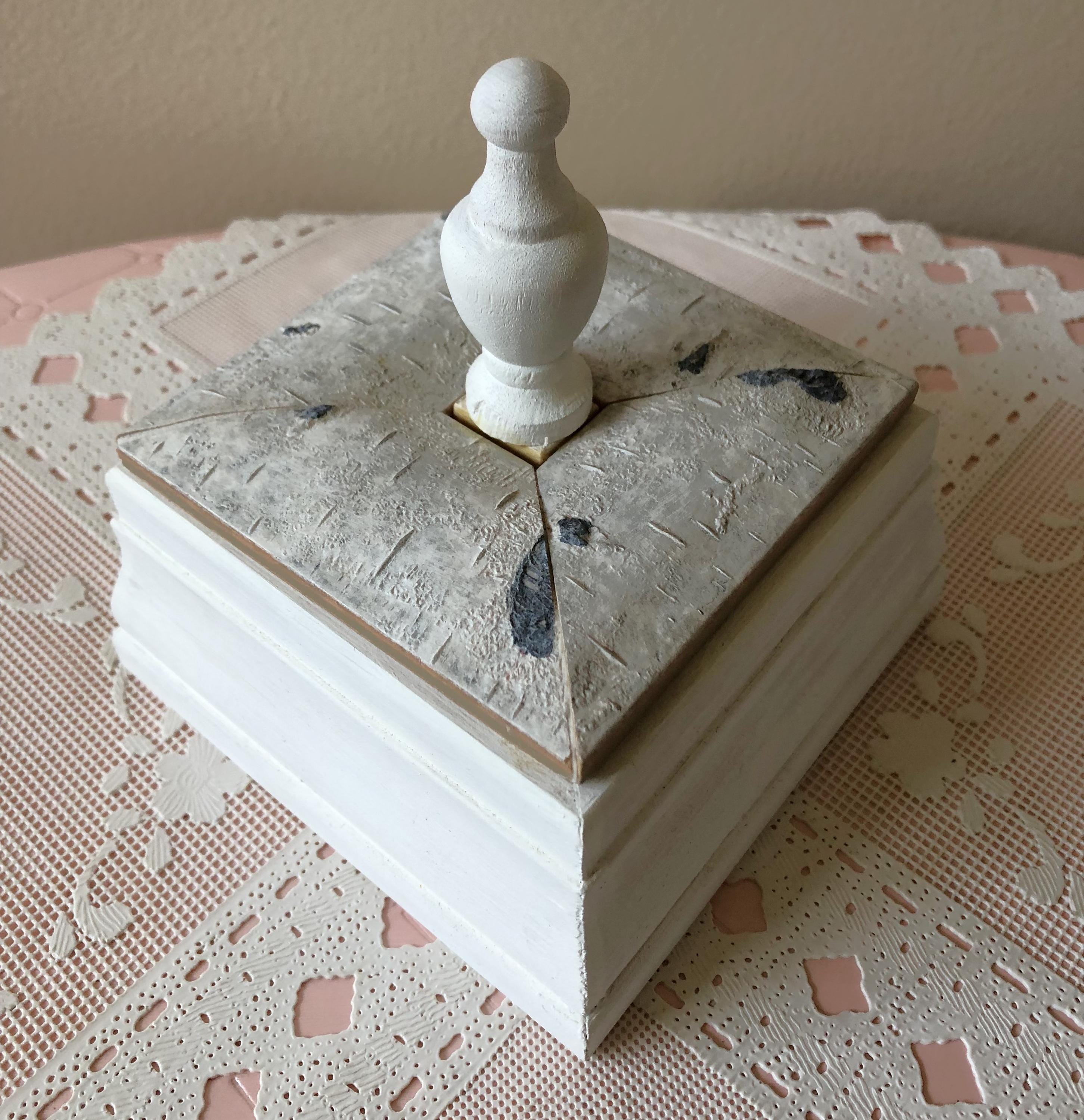 One of a Kind Pair Felt Lined White Birch Wood Boxes With Finial Topper ...