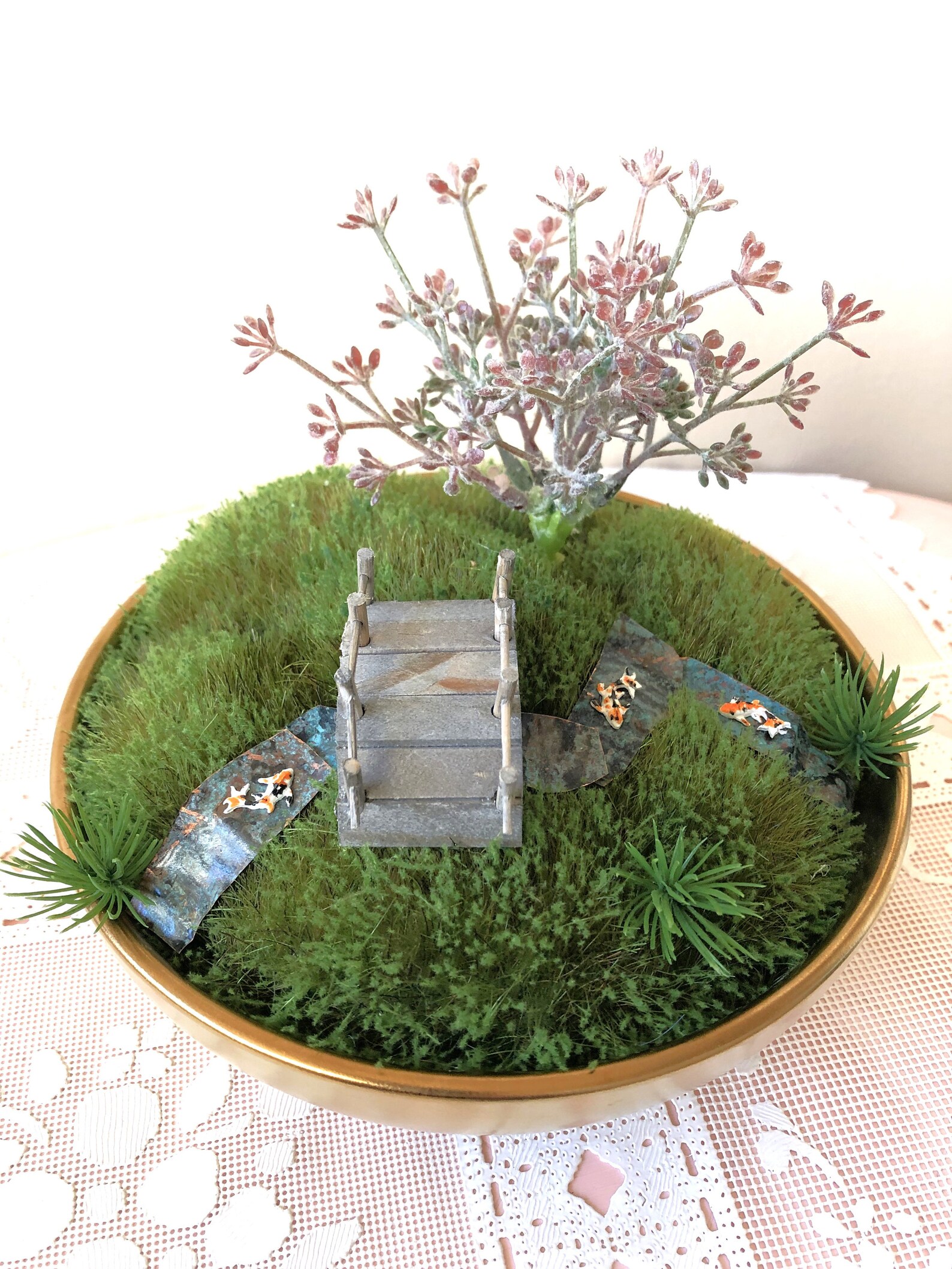 One of a Kind Zen Round Shallow Golden Moss Bowl With Miniature Bridge ...
