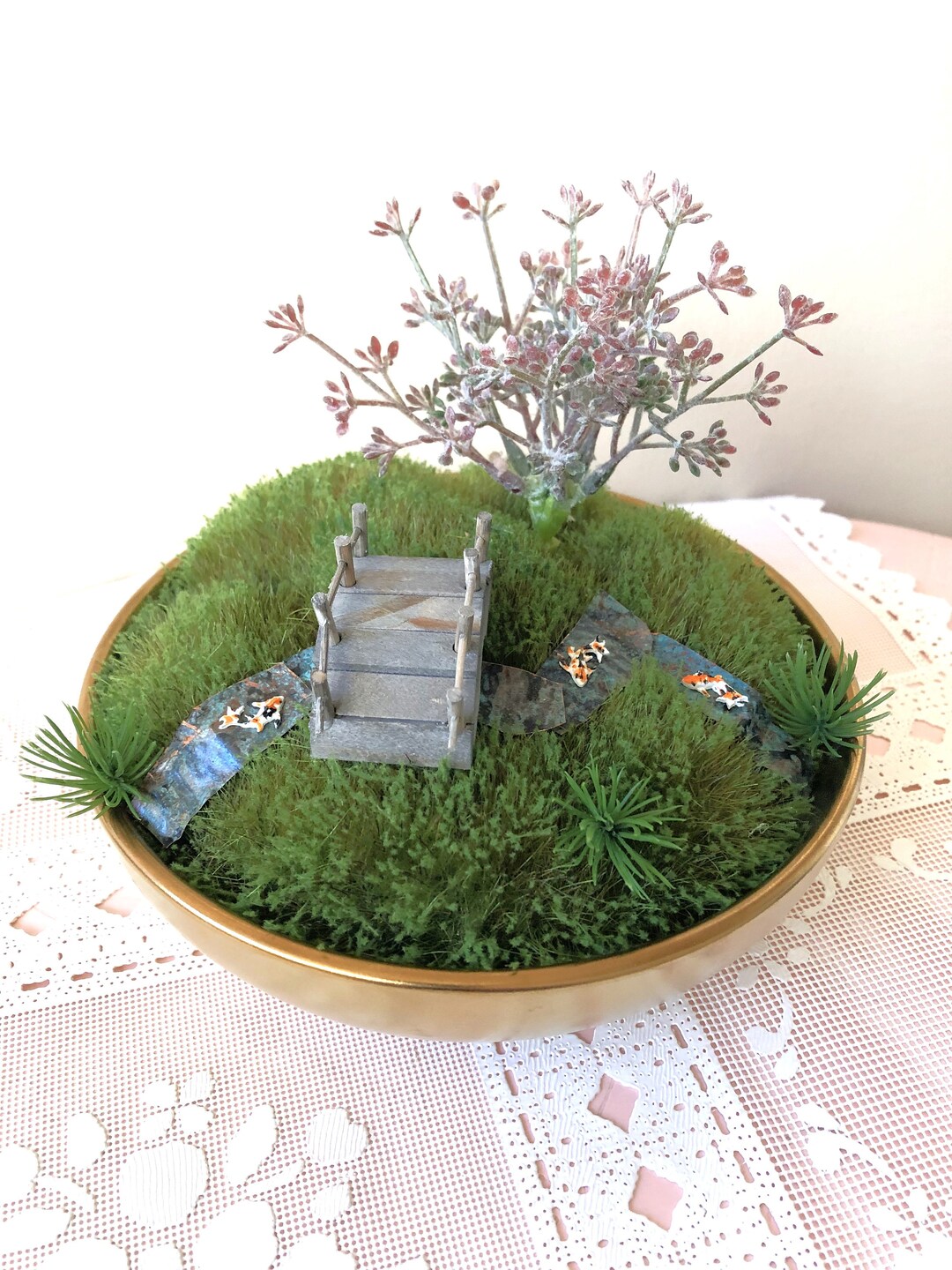 One of a Kind Zen Round Shallow Golden Moss Bowl With Miniature Bridge ...