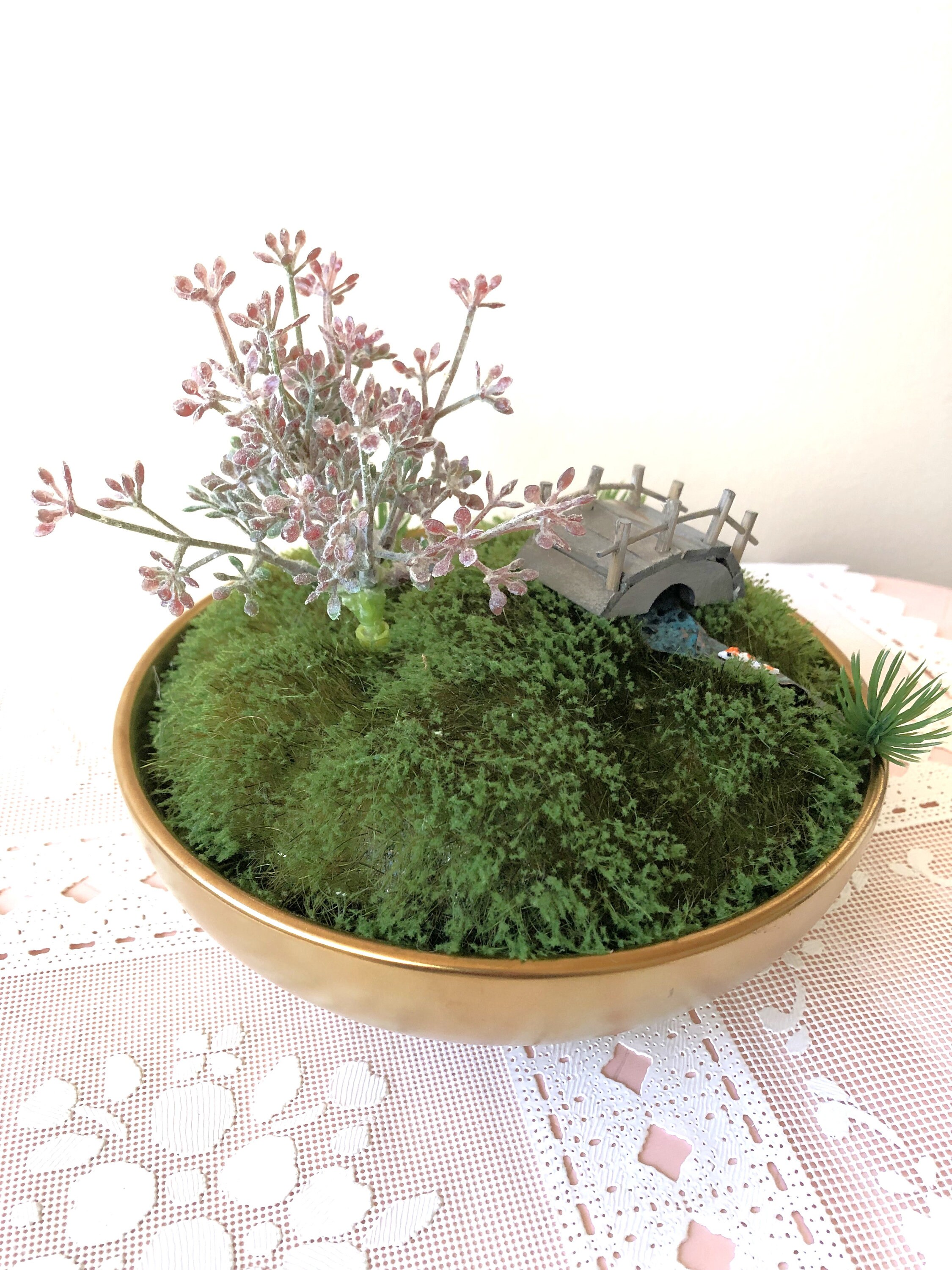 One of a Kind Zen Round Shallow Golden Moss Bowl With Miniature Bridge ...