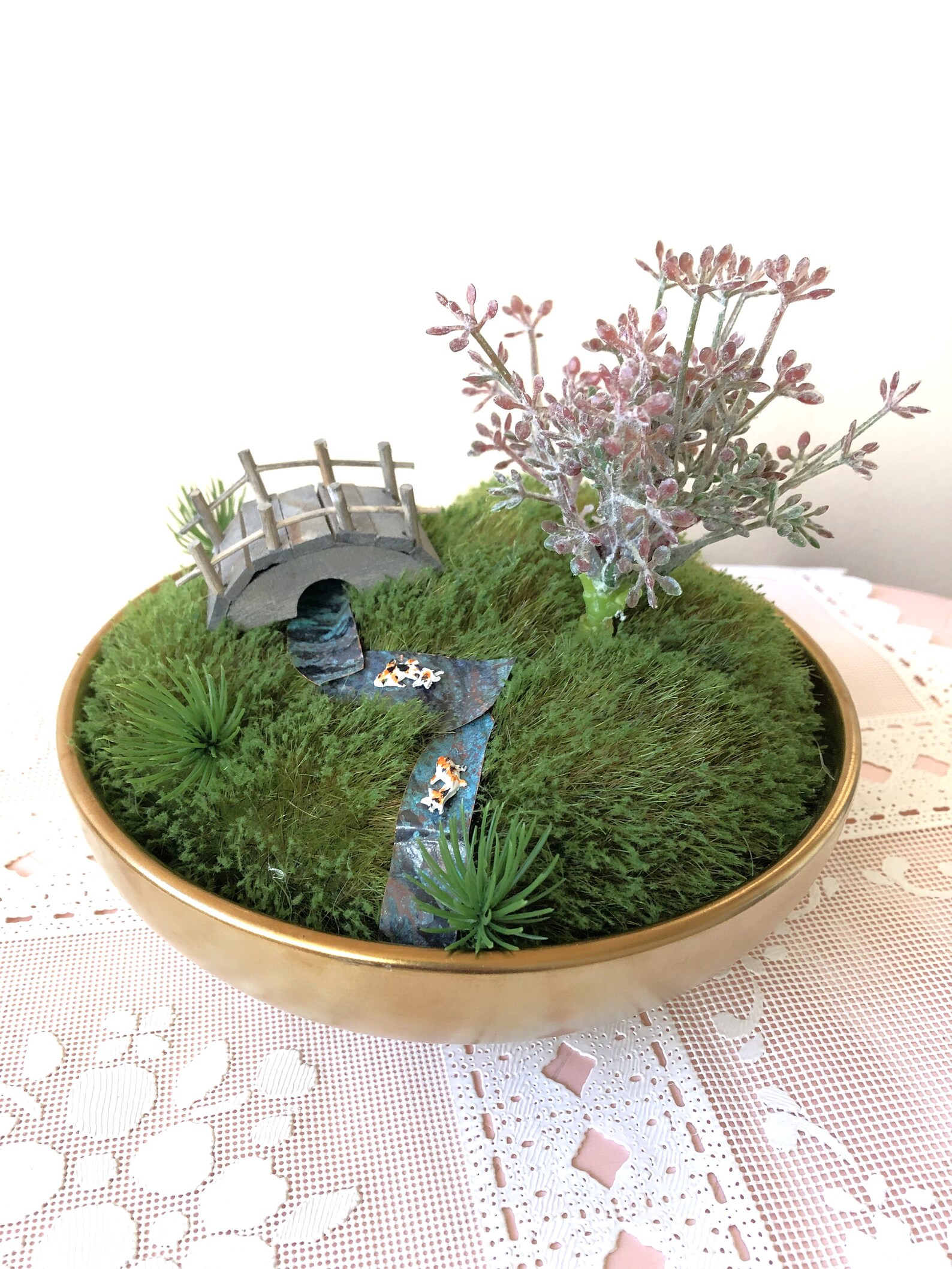 One of a Kind Zen Round Shallow Golden Moss Bowl With Miniature Bridge ...