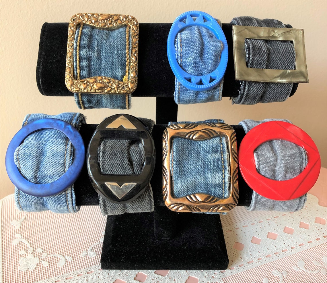 One of a Kind Boho Denim Bracelets With Vintage Buckles - Etsy