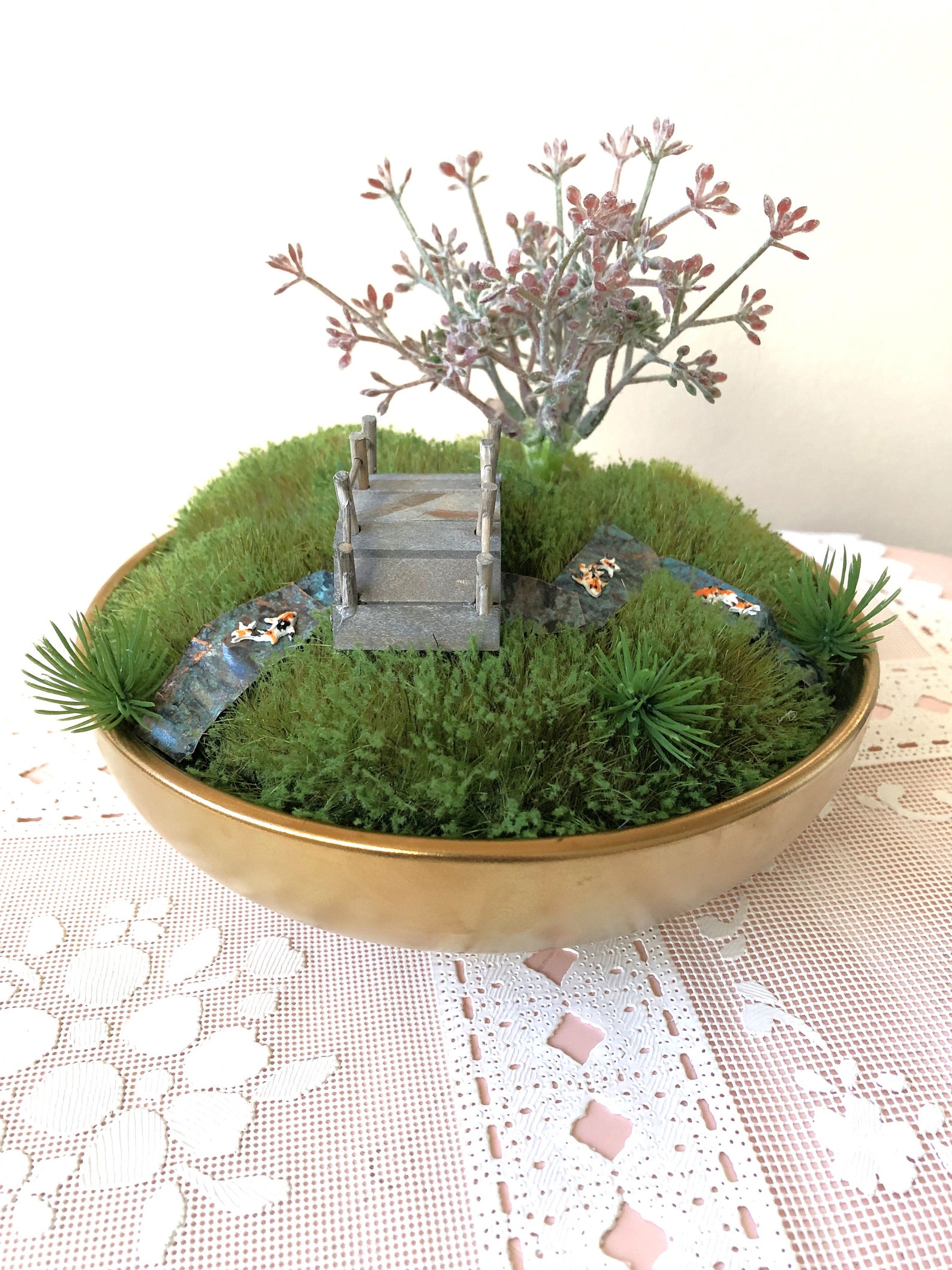 One of a Kind Zen Round Shallow Golden Moss Bowl With Miniature Bridge ...