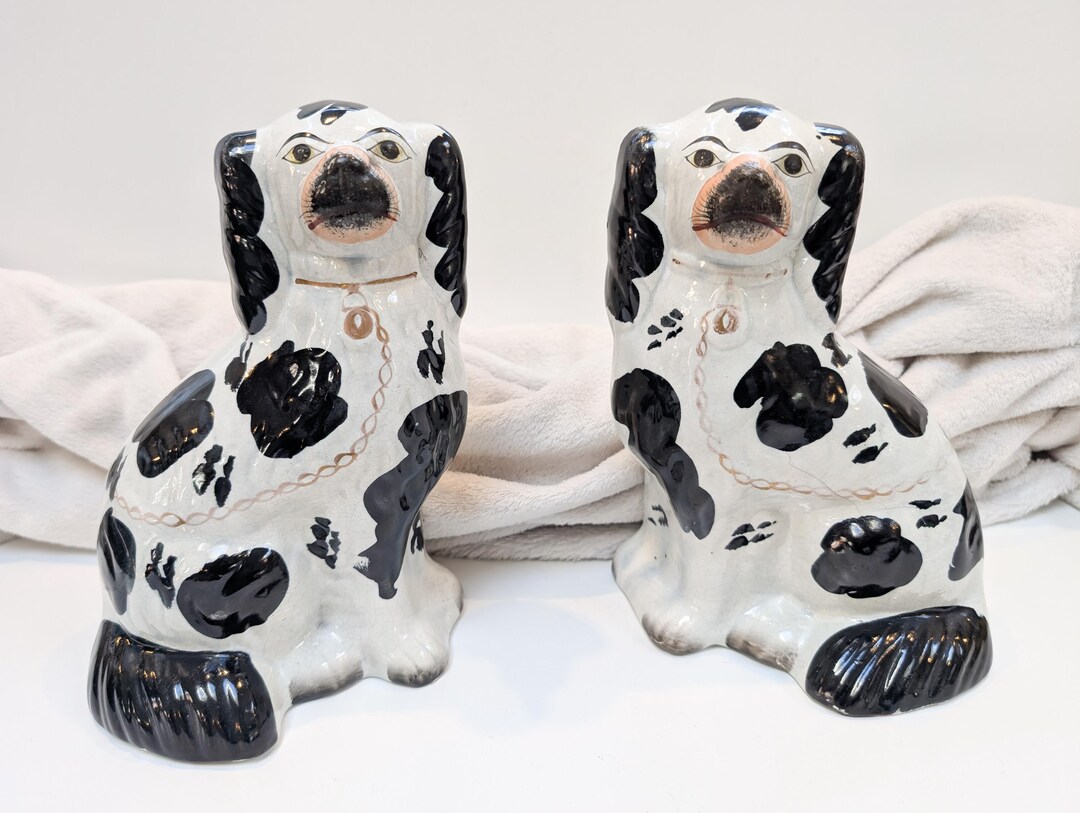 Antique Victorian Black & White Sitting Spaniels Staffordshire Dogs ...