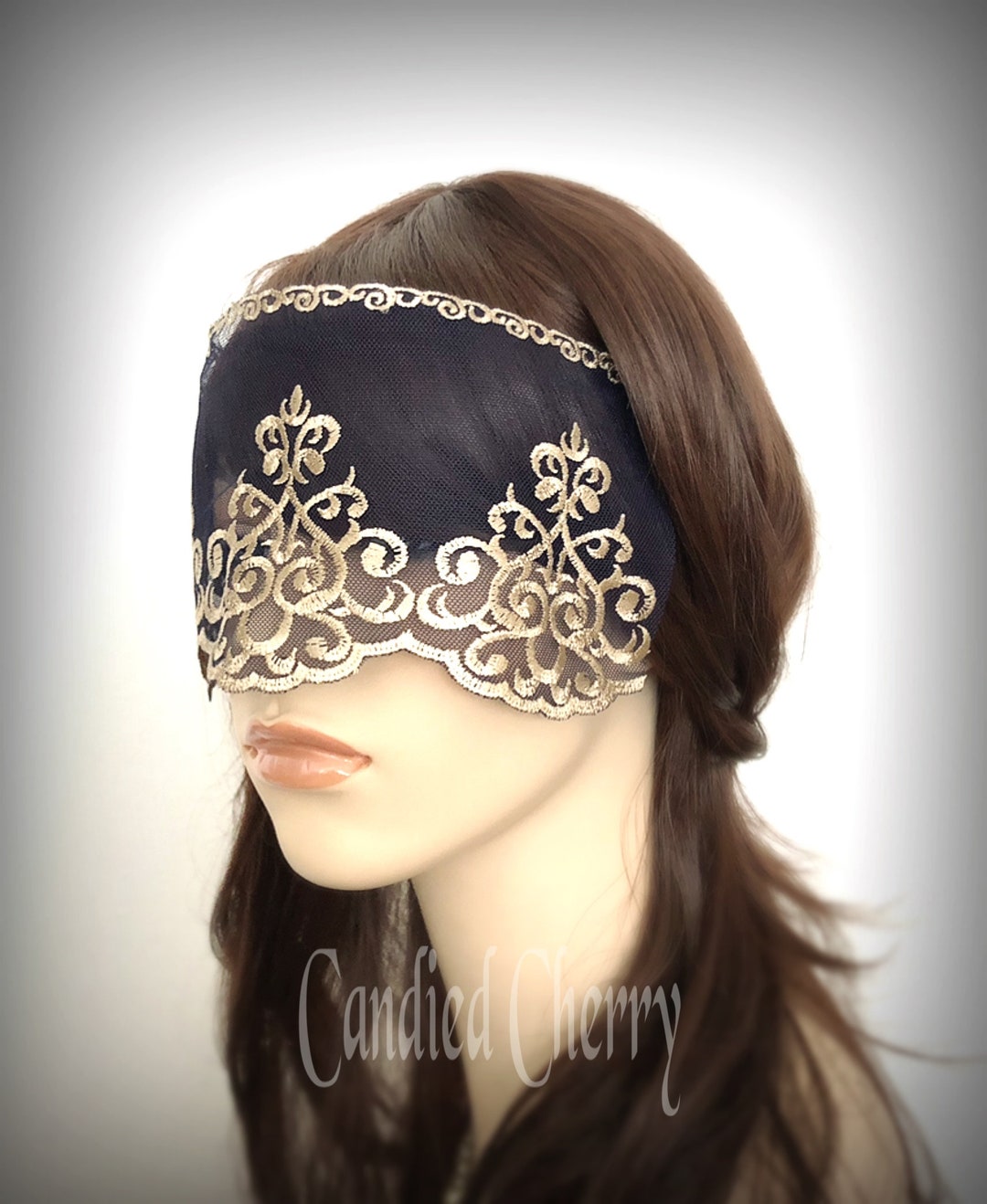 Dark Navy and Gold Arabesque Lace Mask Veil-mysterious Masquerade Party ...