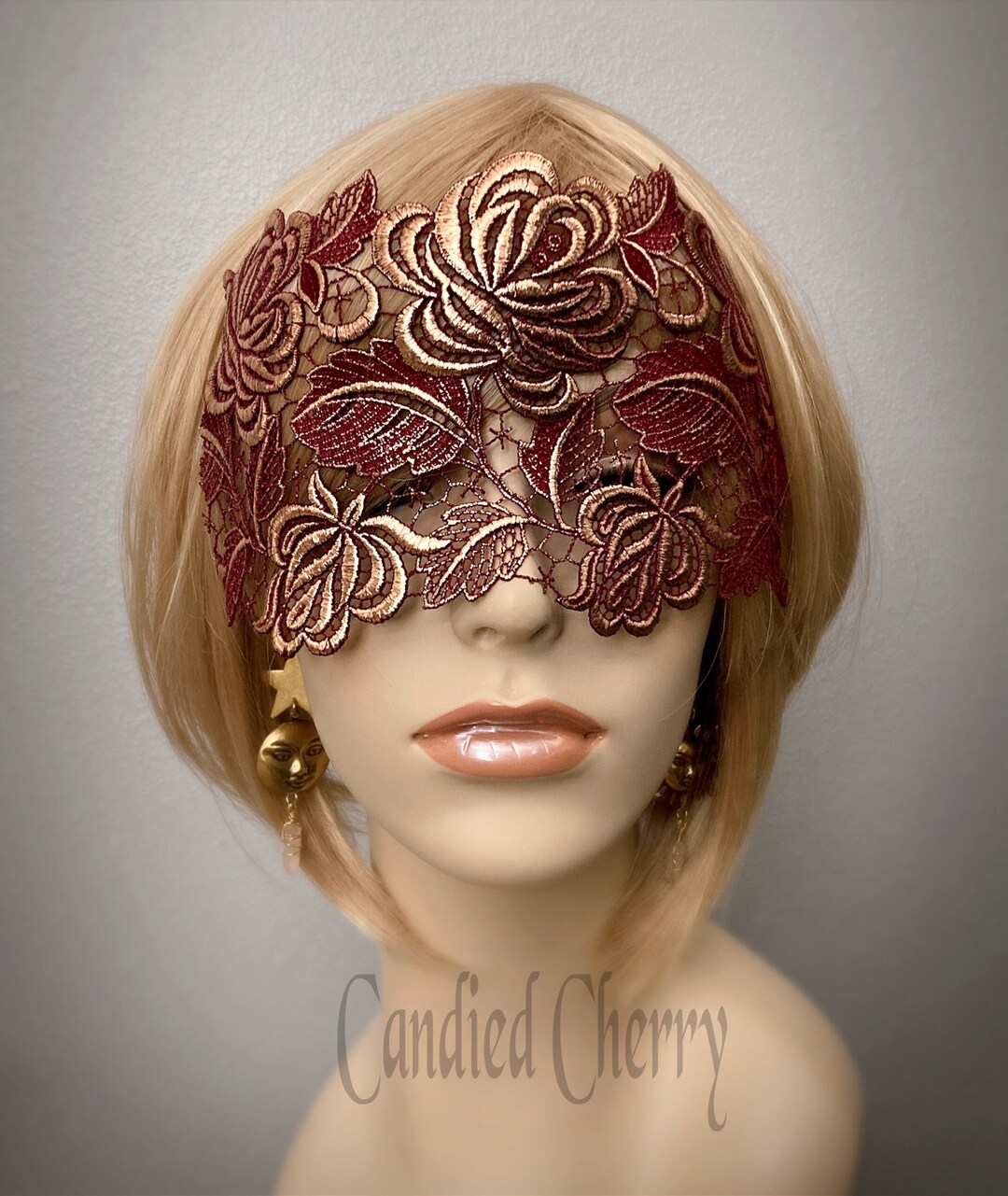 Maroon Red & Champagne Gold Rose Lace Mask Veil-mysterious Masquerade ...