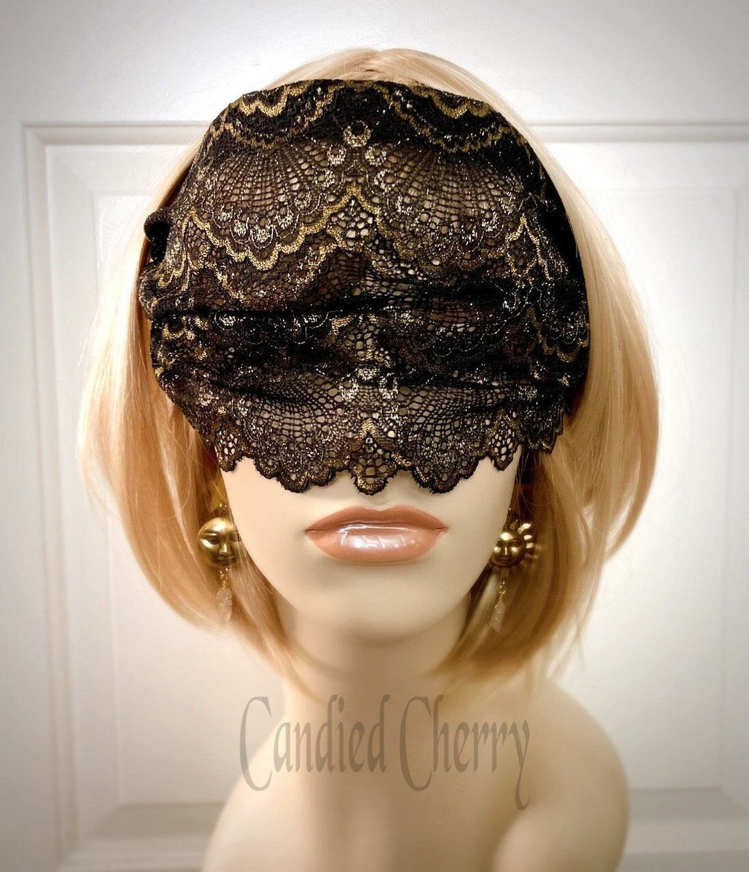 Wide Coverage Black Gold Art Deco Lace Mask Bandeau Veil-masquerade ...