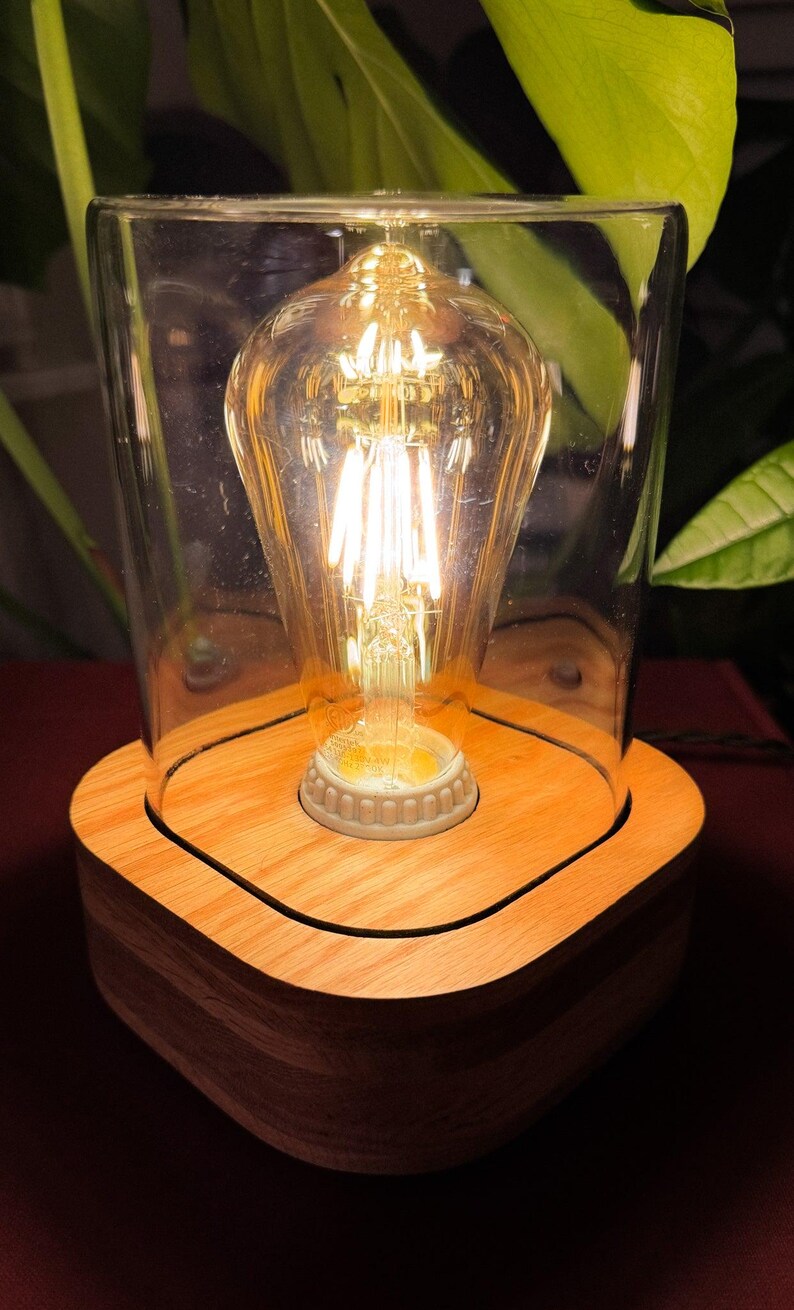 Handmade Red Oak Vintage Edison Style Glass Dome Table Lamp With Dimmer ...