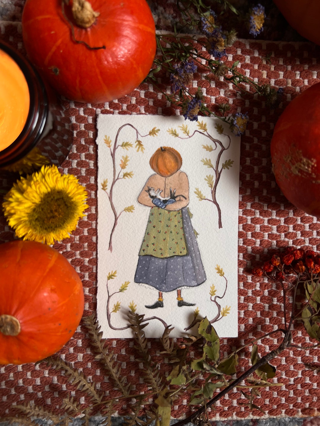 Little Pumpkinhead and Cat Original Painting - Etsy