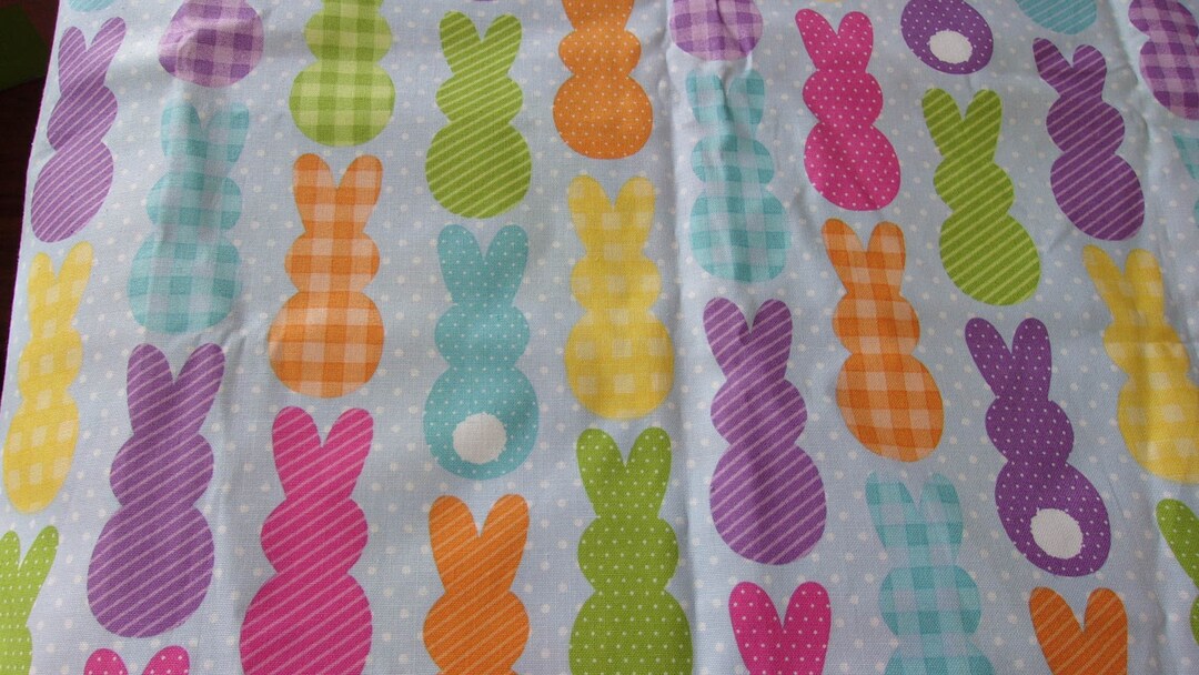 Multicolor Rabbits on Blue and White Dotted Fabric Easter Fabric ...