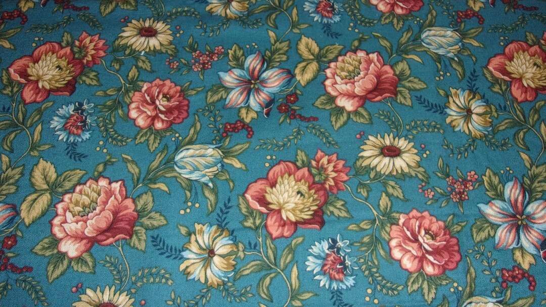 Cranston VIP Vintage Blue Fabric With Peach, Yellow and Blue Flowers ...