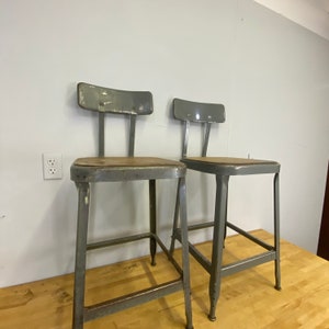 Pair of Height Adjustable 22-25” High Vintage Industrial Lyon Stools in ...