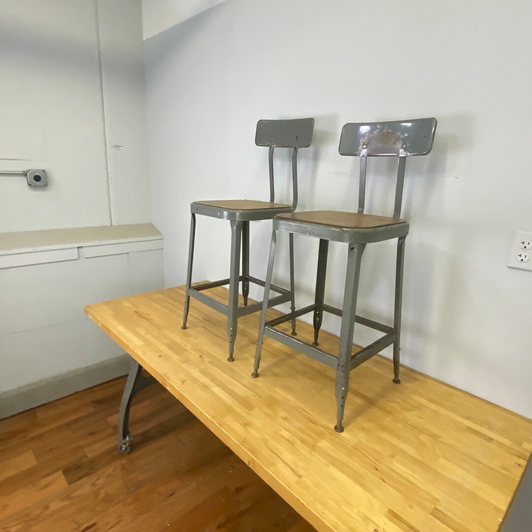 Pair of Height Adjustable 22-25” High Vintage Industrial Lyon Stools in ...