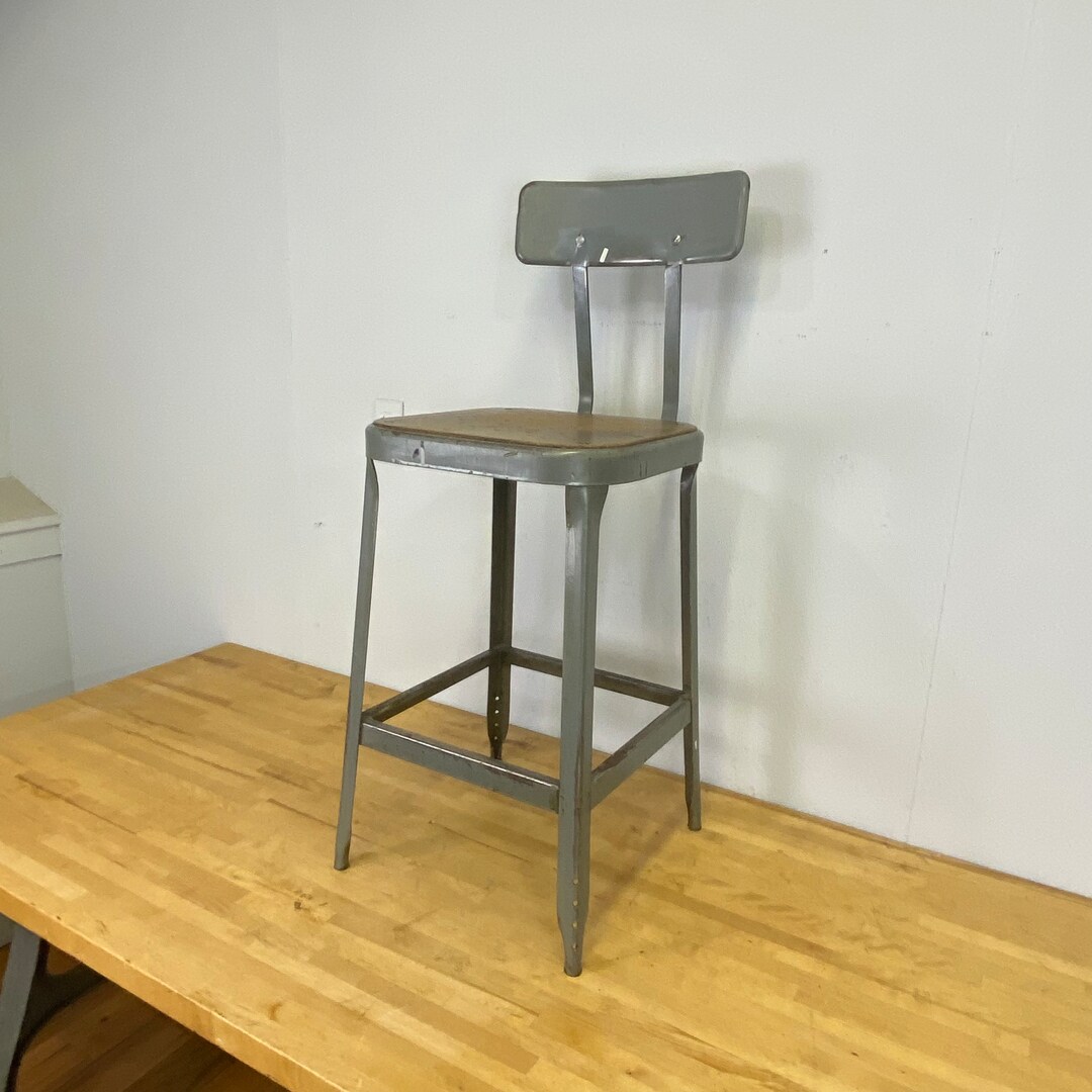 Fixed Height 23 1/2” High Vintage Industrial Lyon Stool in Factory Grey ...