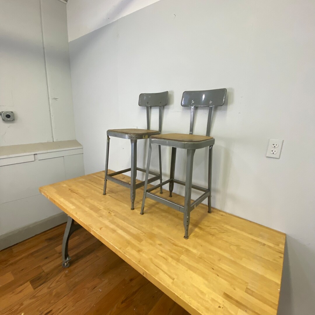 Pair of Height Adjustable 22-25” High Vintage Industrial Lyon Stools in ...