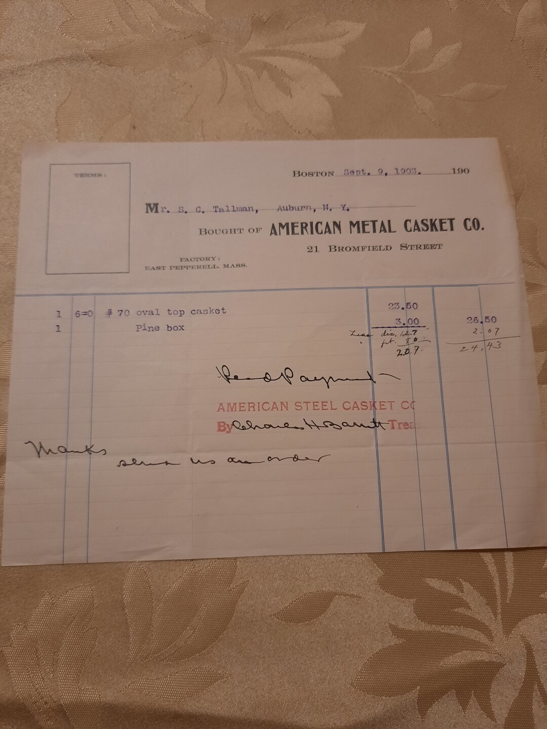 Antique Casket Invoice American Metal Casket Co Dated 1903 - Etsy