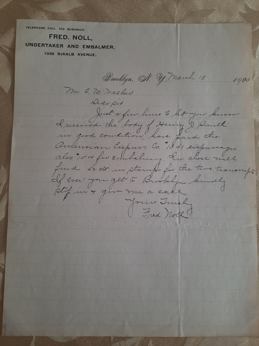 Fred. Noll, Undertaker and Embalmer, Antique Letter Dated 1903 - Etsy