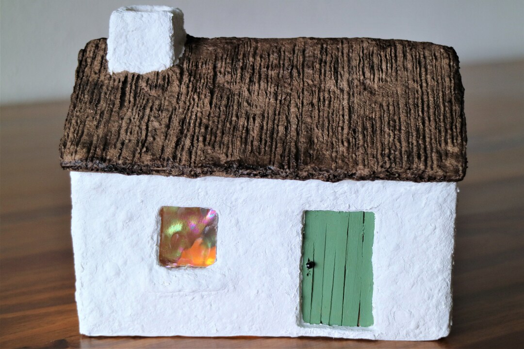 Paper Mache Seaside Cottage Lantern - Single Story - Green Door (3.5 X ...