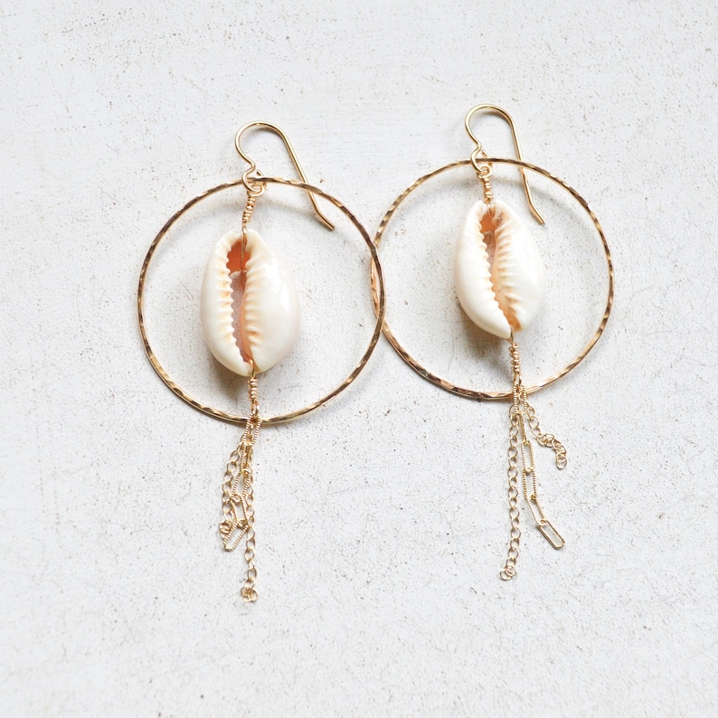 Cowrie shell earrings Gold chain hoops Cowrie shell hoop | Etsy