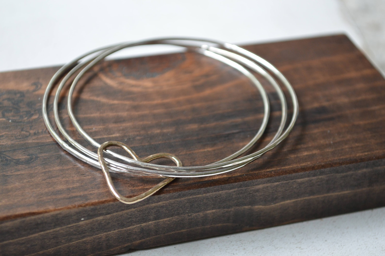 Multi Bracelet Set, Floating Heart Bangles, Sterling Bangle Set, Triple ...