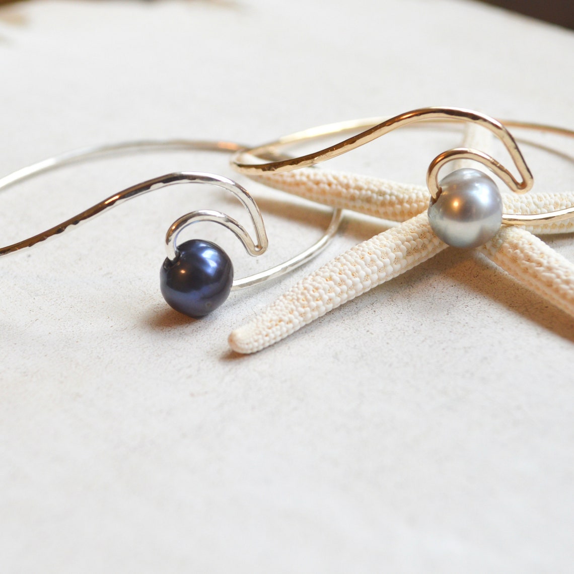 Pearl Wave Bangle Wave Wrapped Pearl Bracelet Gold or Silver - Etsy