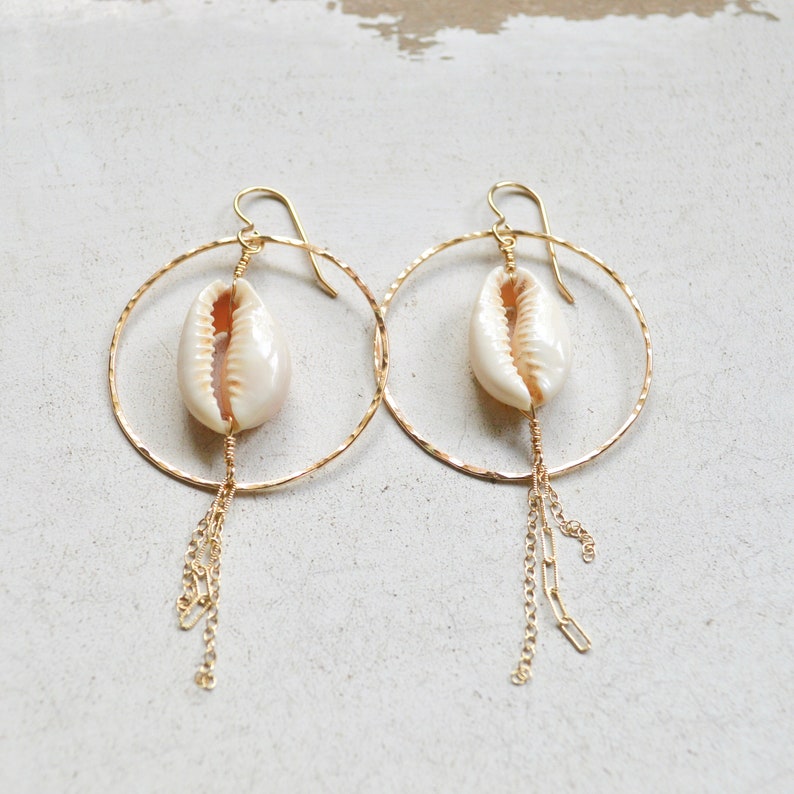 Cowrie shell earrings Gold chain hoops Cowrie shell hoop | Etsy