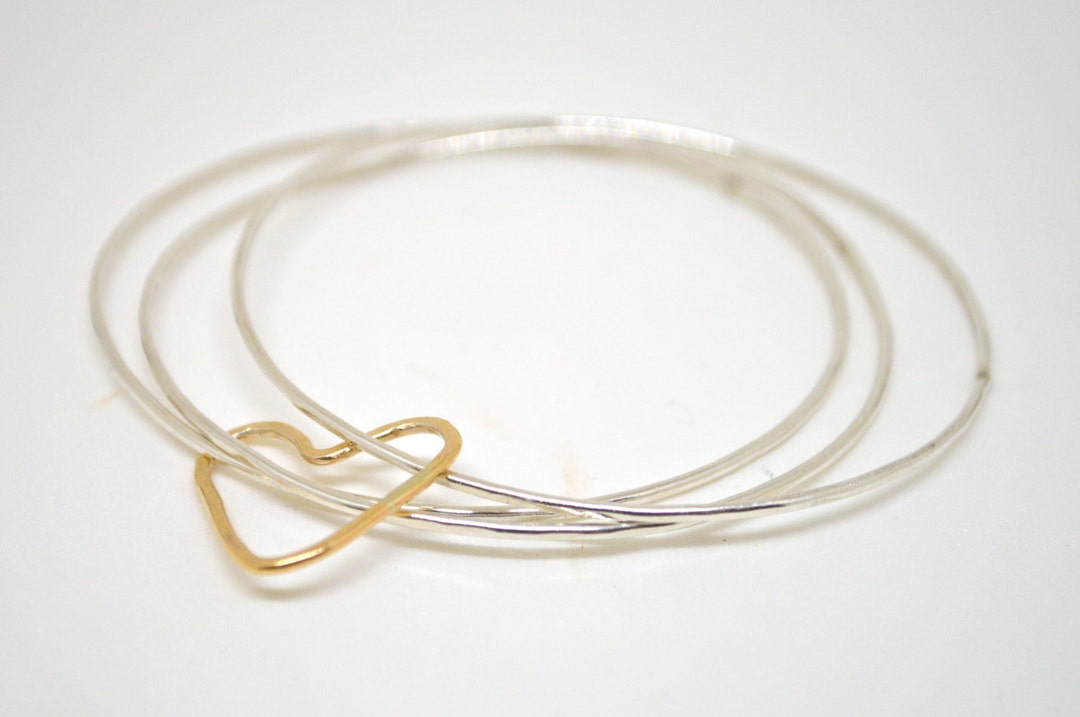 Multi Bracelet Set, Floating Heart Bangles, Sterling Bangle Set, Triple ...