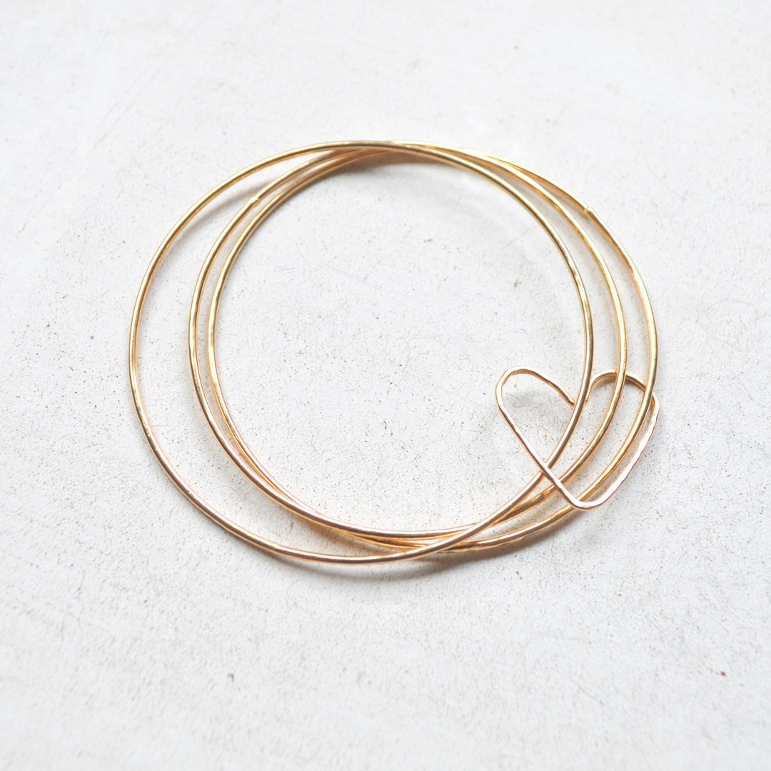 Gold Bangle Set, Triple Bangle Set, Floating Heart Bracelet - Etsy