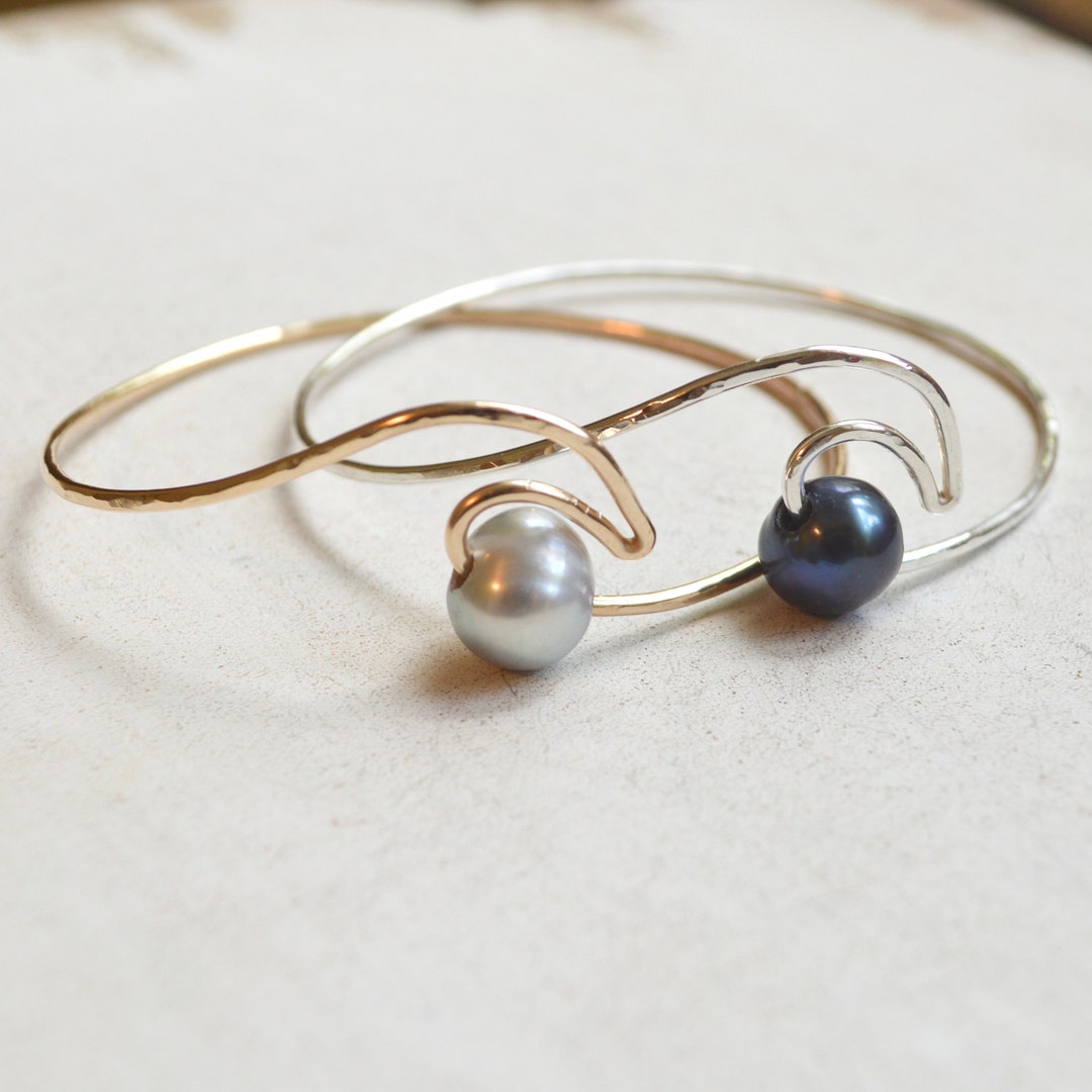 Pearl Wave Bangle, Wave Wrapped Pearl Bracelet, Gold or Silver Wave ...