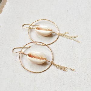 Cowrie Shell Earrings, Gold Chain Hoops, Cowrie Shell Hoop Earrings ...
