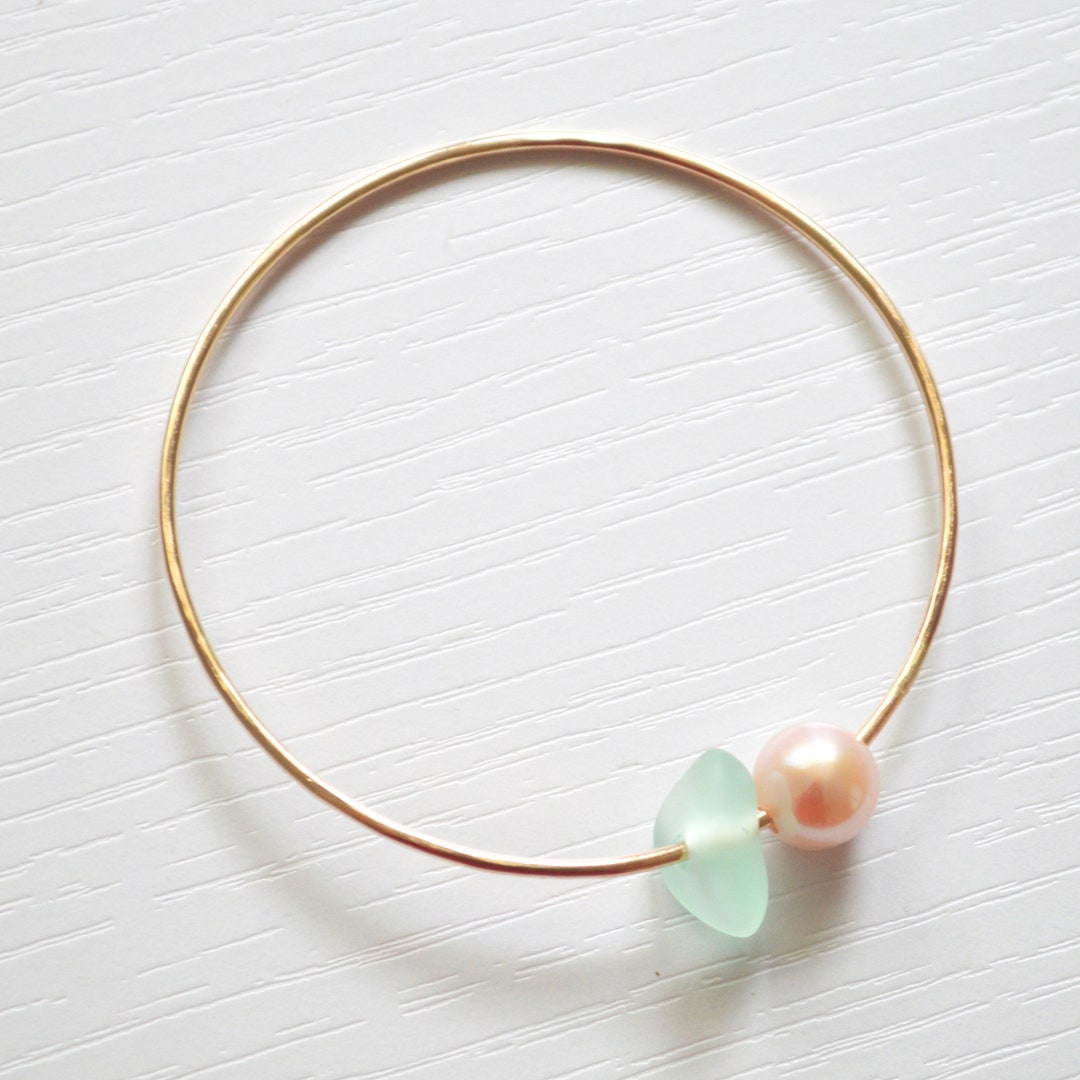 Pearl & Sea Foam Glass Bangle, Gold Hammered Bangle, Stacking Bracelet ...