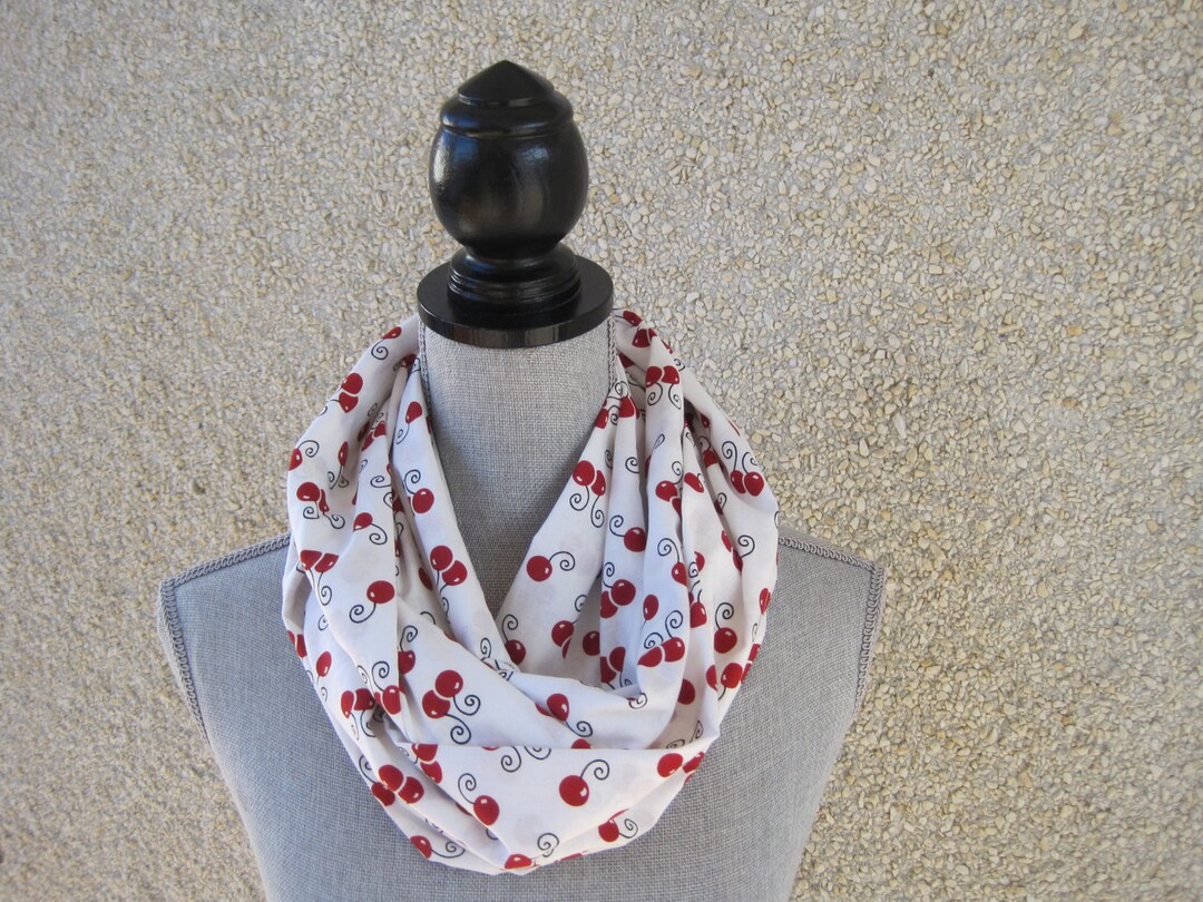 White Infinity Scarf, Scarf With Cherries, Scarf With Fruit, Red and ...