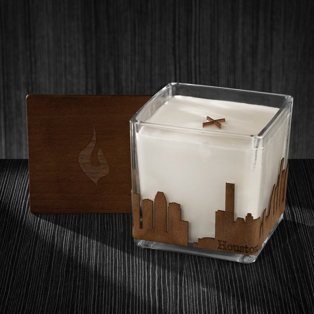 Houston Skyline Wood Wrapped Candle | Mahogany Scented Soy Based Square ...