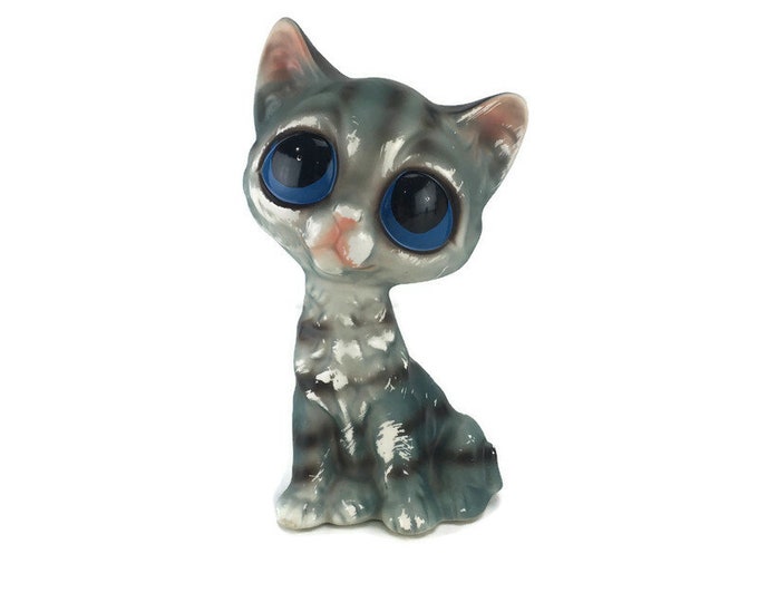 Enesco Big Blue Eye Eyed Kitty Cat Figurine Sitting Vintage MCM 1960's ...