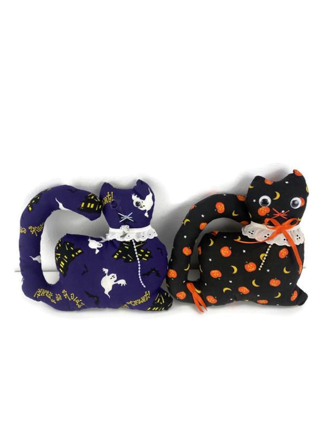Googly Eyed Cats Kitschy Halloween Decor Plush Stuffed Animal Pair Medium 8"x8" Black Orange ...