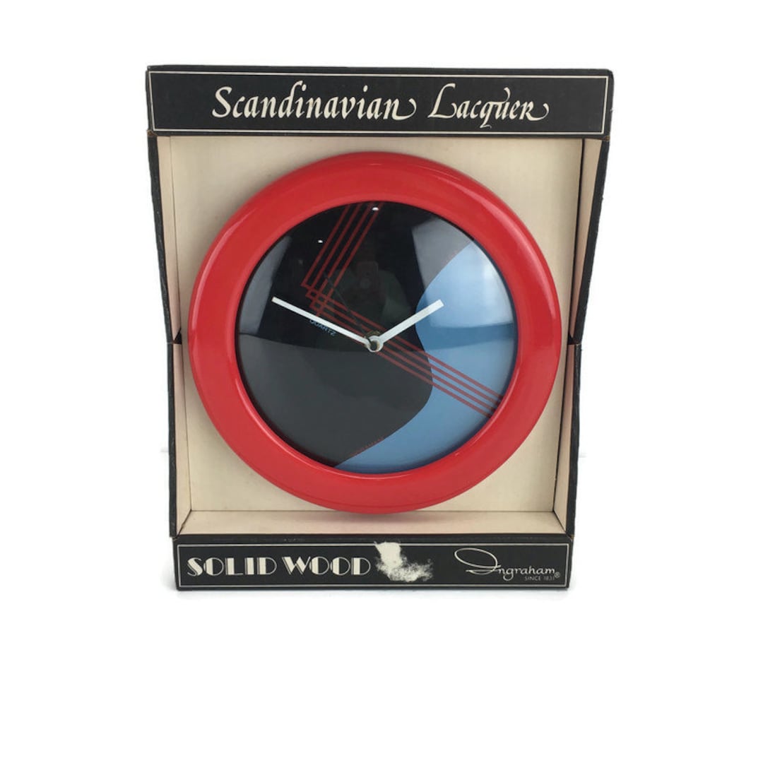 Scandinavian Ingraham Quartz Wall Clock Round Red Lacquer Blue Black ...