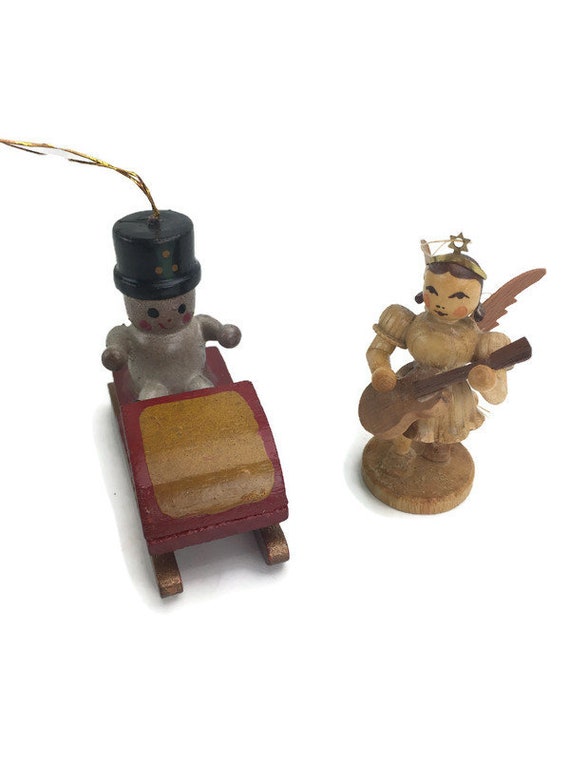 Russ Berrie Snowman on Sled & Wooden Angel With Guitar Vintage - Etsy
