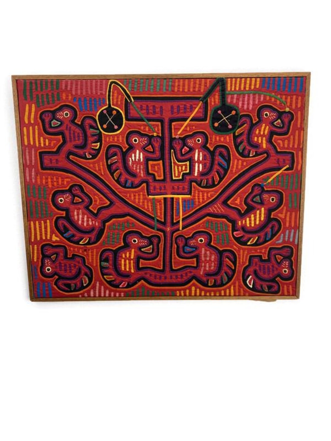 Red Squirrels Monkeys in Tree Mola Wood Framed Kuna Indian Textile Folk ...