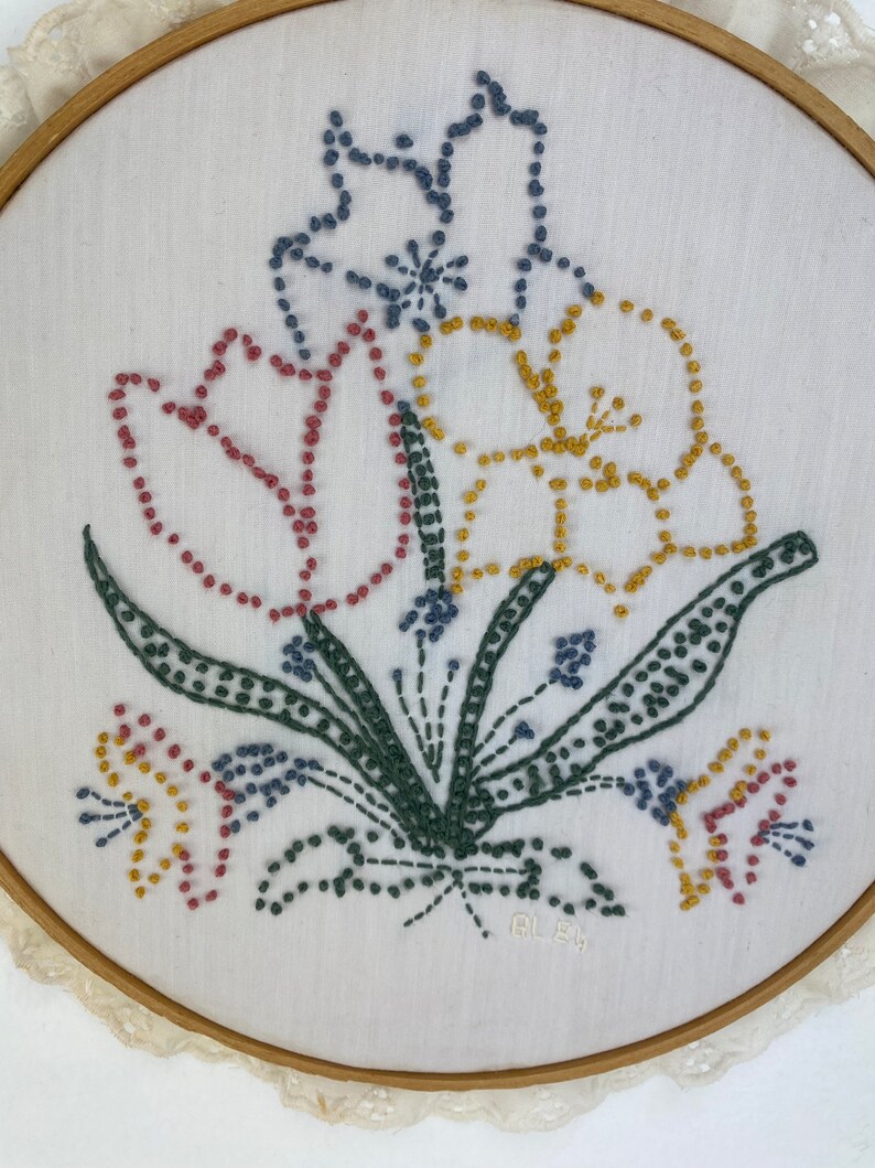 Completed Embroidery Needlepoint Hoop Art Floral 11" Round VTG 80's ...