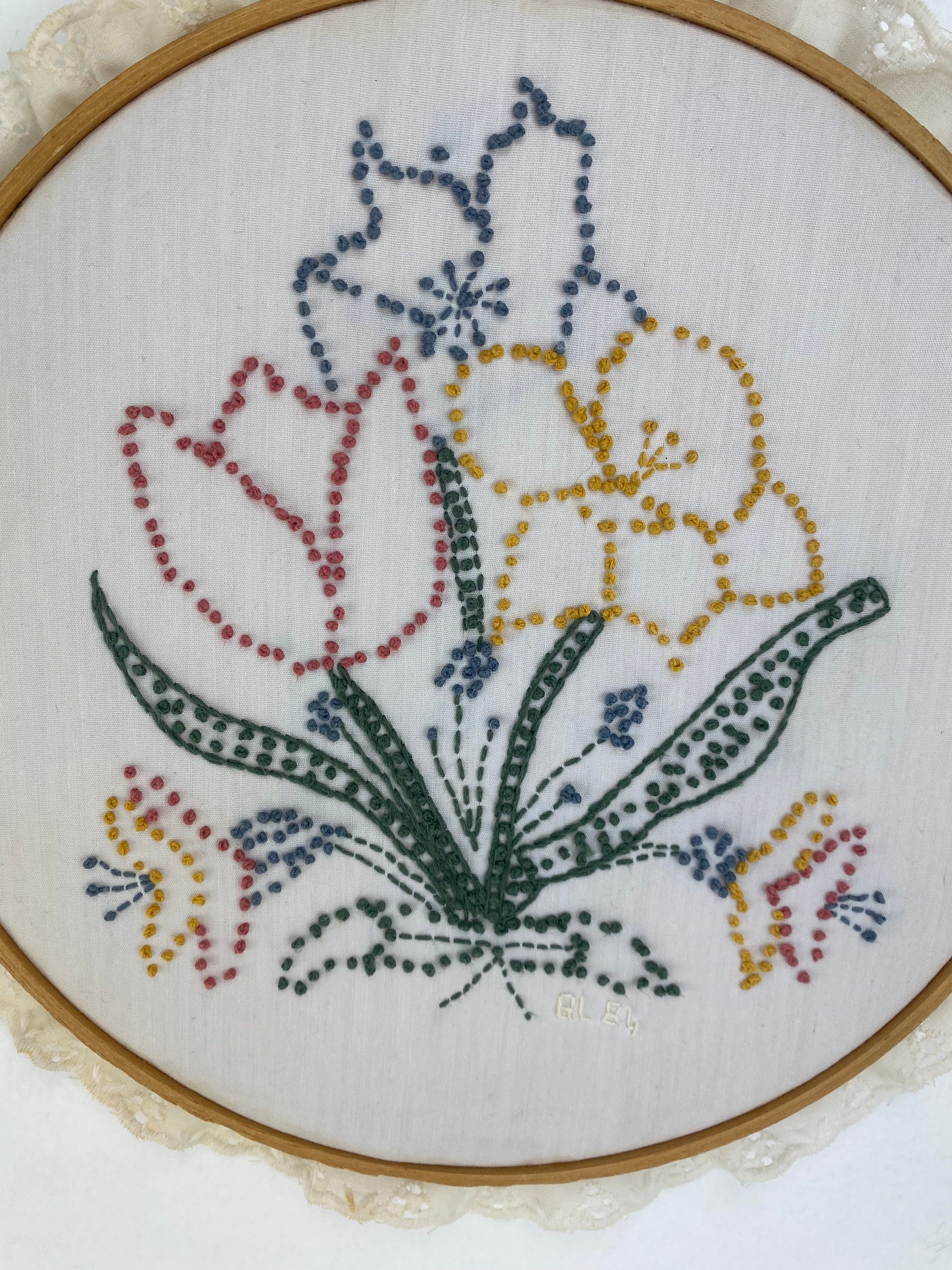 Completed Embroidery Needlepoint Hoop Art Floral 11" Round VTG 80's ...