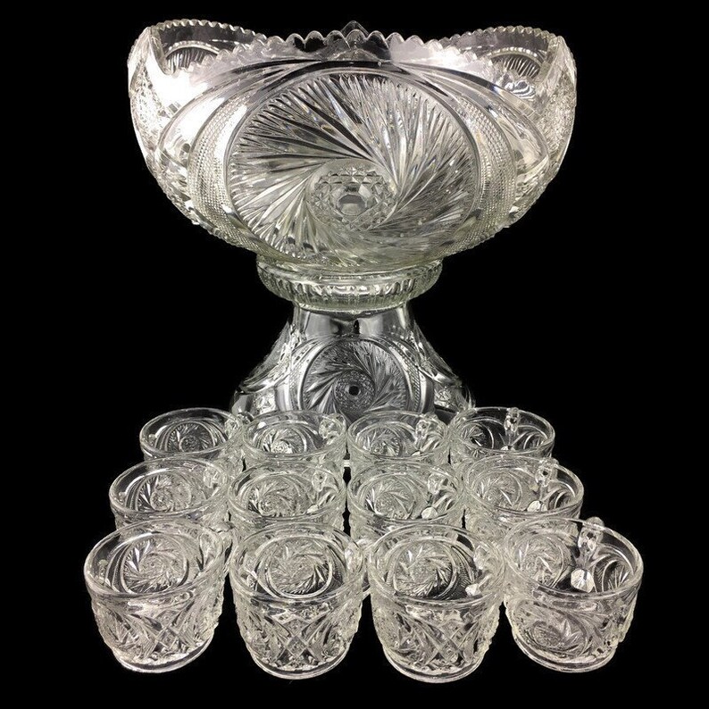 L.E. Smith Mckee EAPG Aztec Pinwheel Punch Bowl Set 14 Pc With Pedestal ...