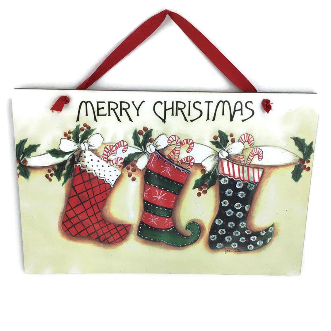 Merry Christmas Stockings Plaque Sign Wall Hanging Vintage Decor Rustic ...