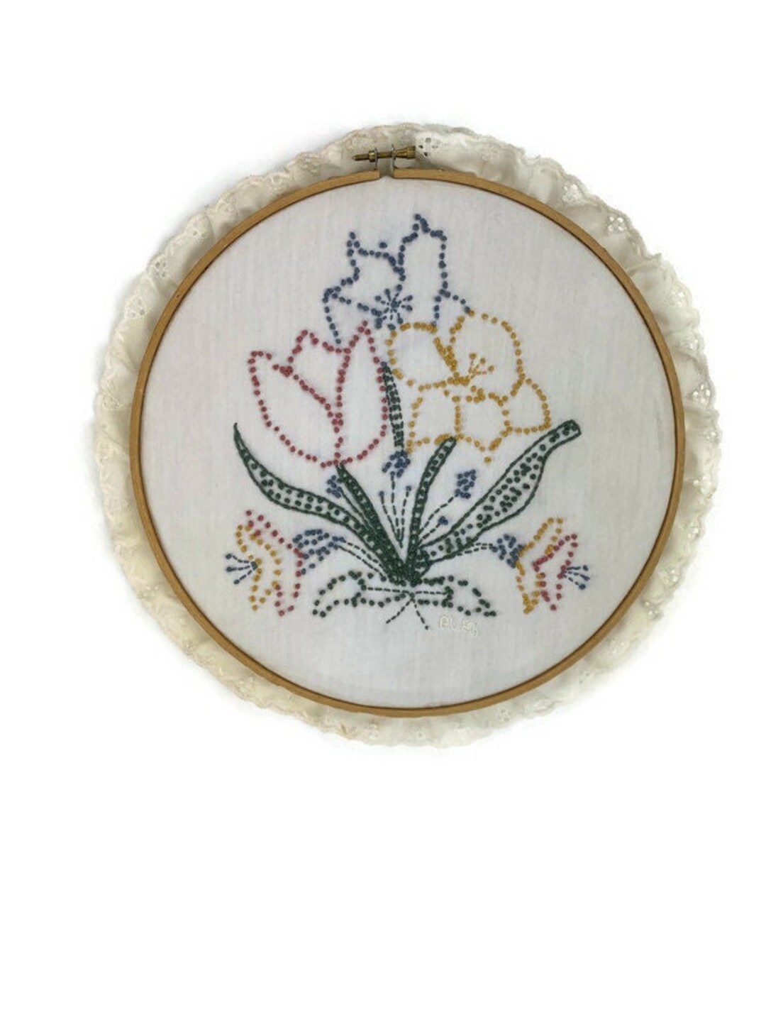 Completed Embroidery Needlepoint Hoop Art Floral 11" Round VTG 80's ...
