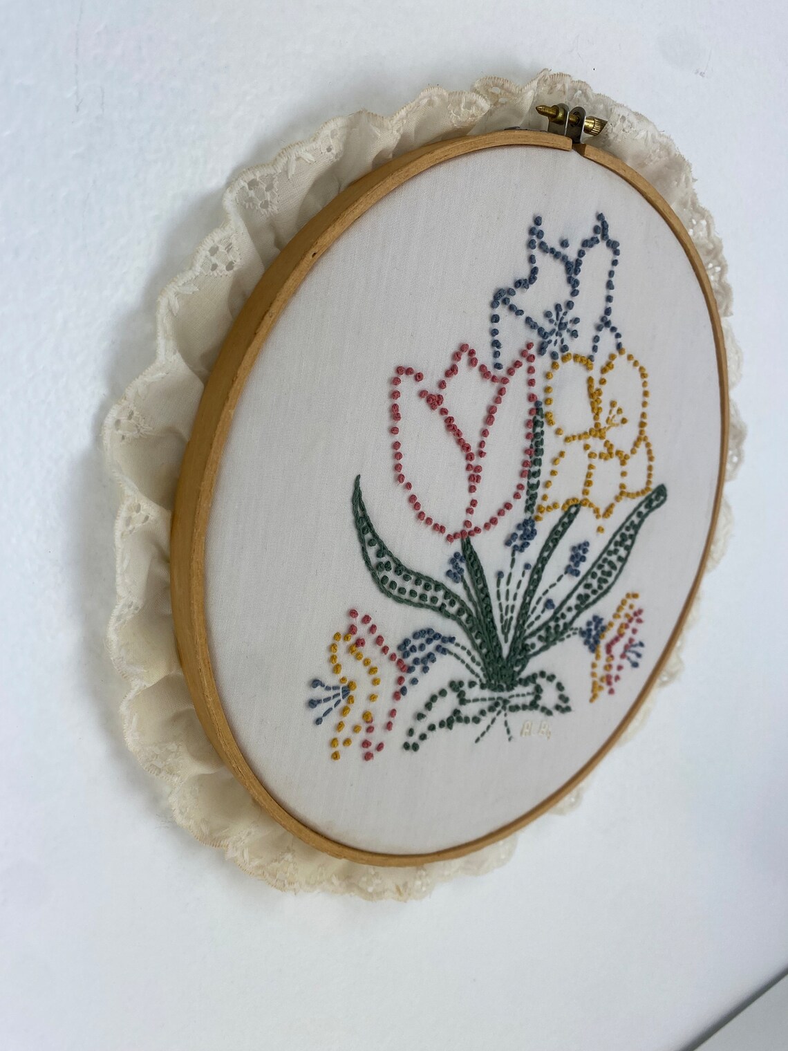 Completed Embroidery Needlepoint Hoop Art Floral 11" Round VTG 80's ...