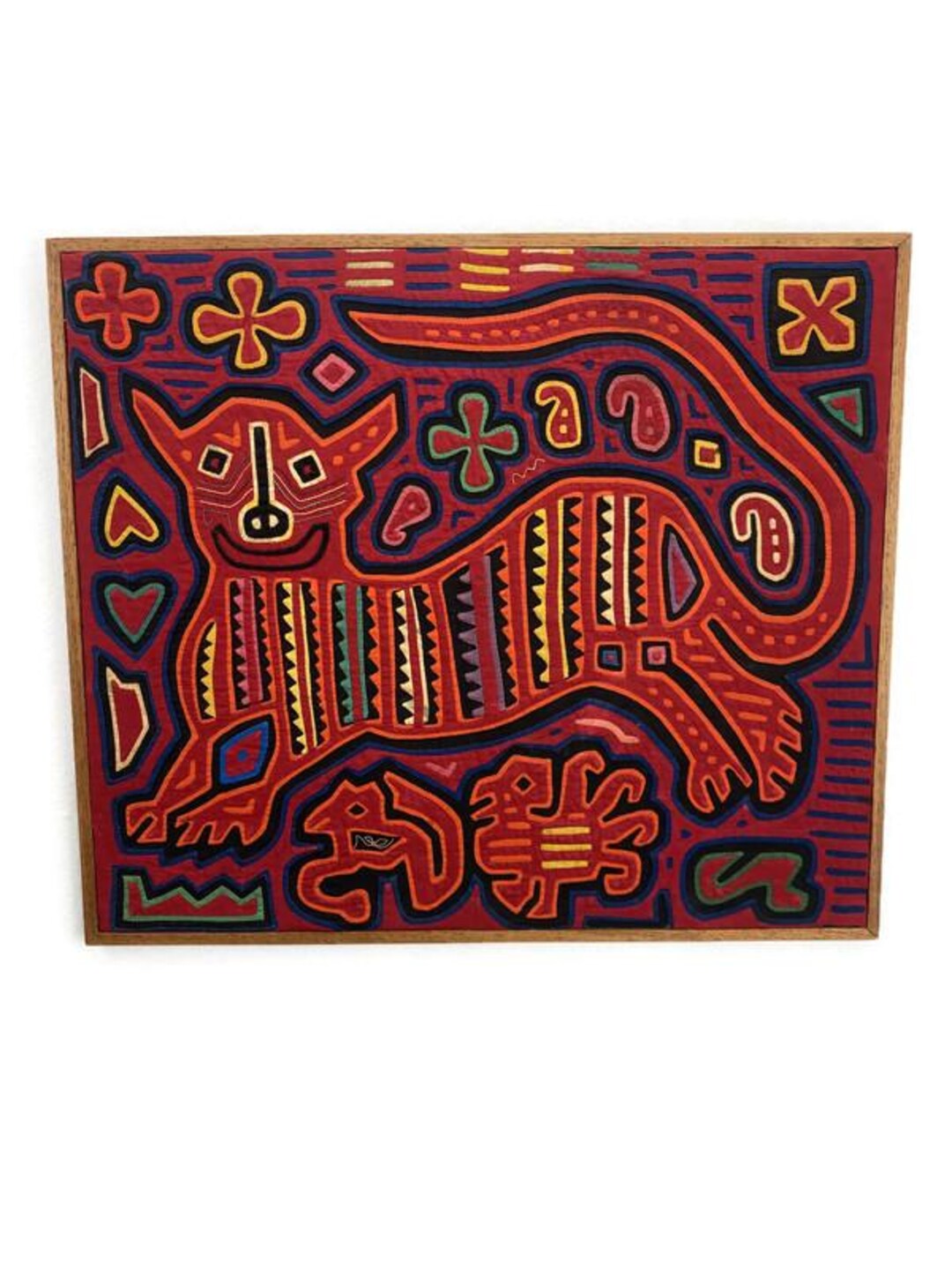 Red Tiger Cat Dog Rooster Chicken Mola Wood Framed Kuna Indian Textile ...